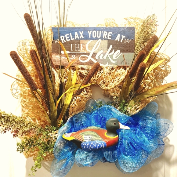 Hand Crafted | Accents | Lake Wreath Decoy Duck Cattails Deco Mesh ...